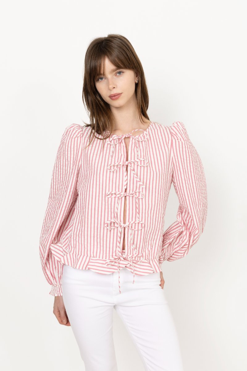 byTiMo - Bluser & skjorter - Seersucker Bow Blouse - Pink Stripe - Villoid
