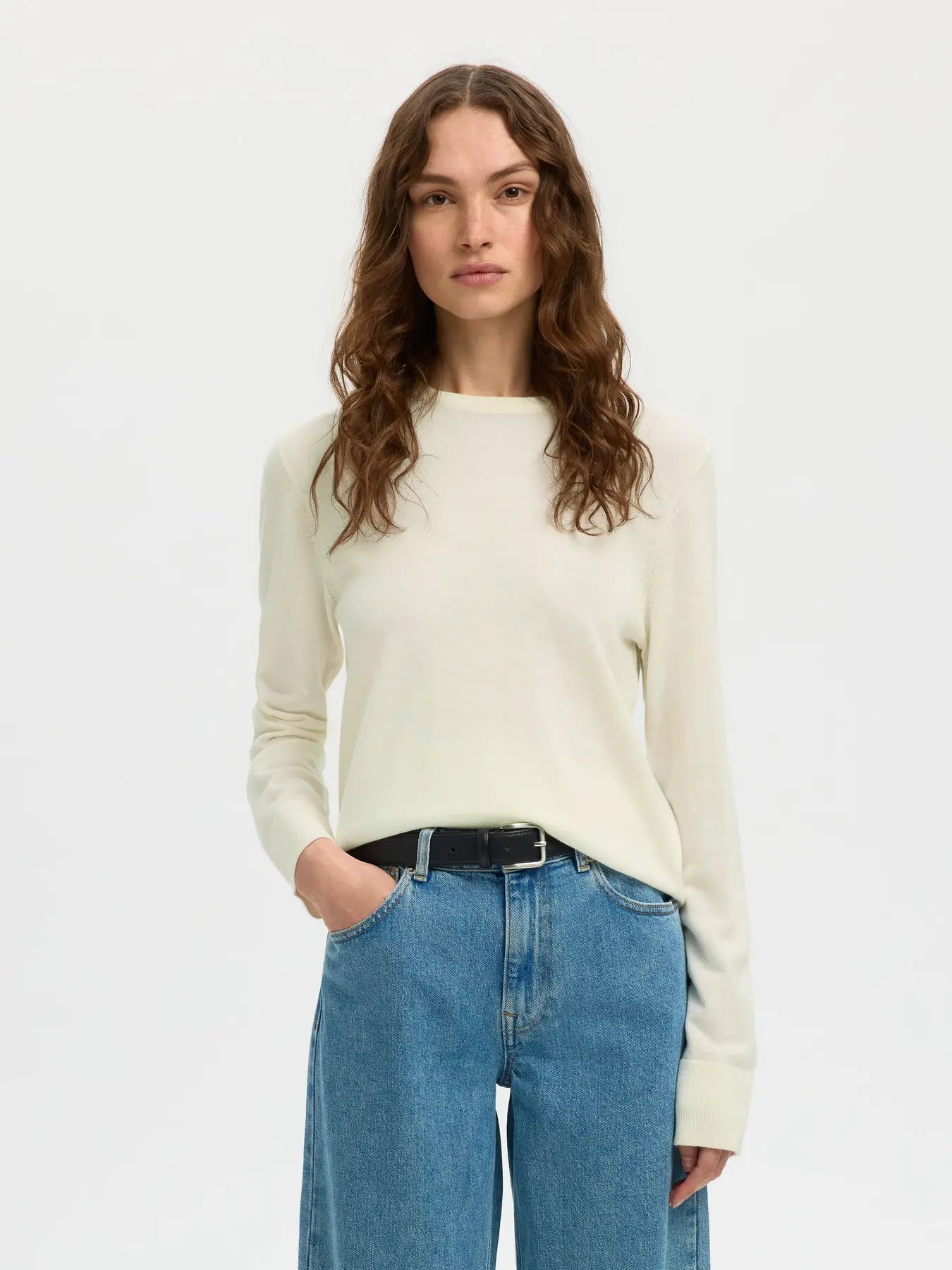 Selected Femme - Gensere - Thea Ls Knit Merino O-Neck - Egret - Villoid