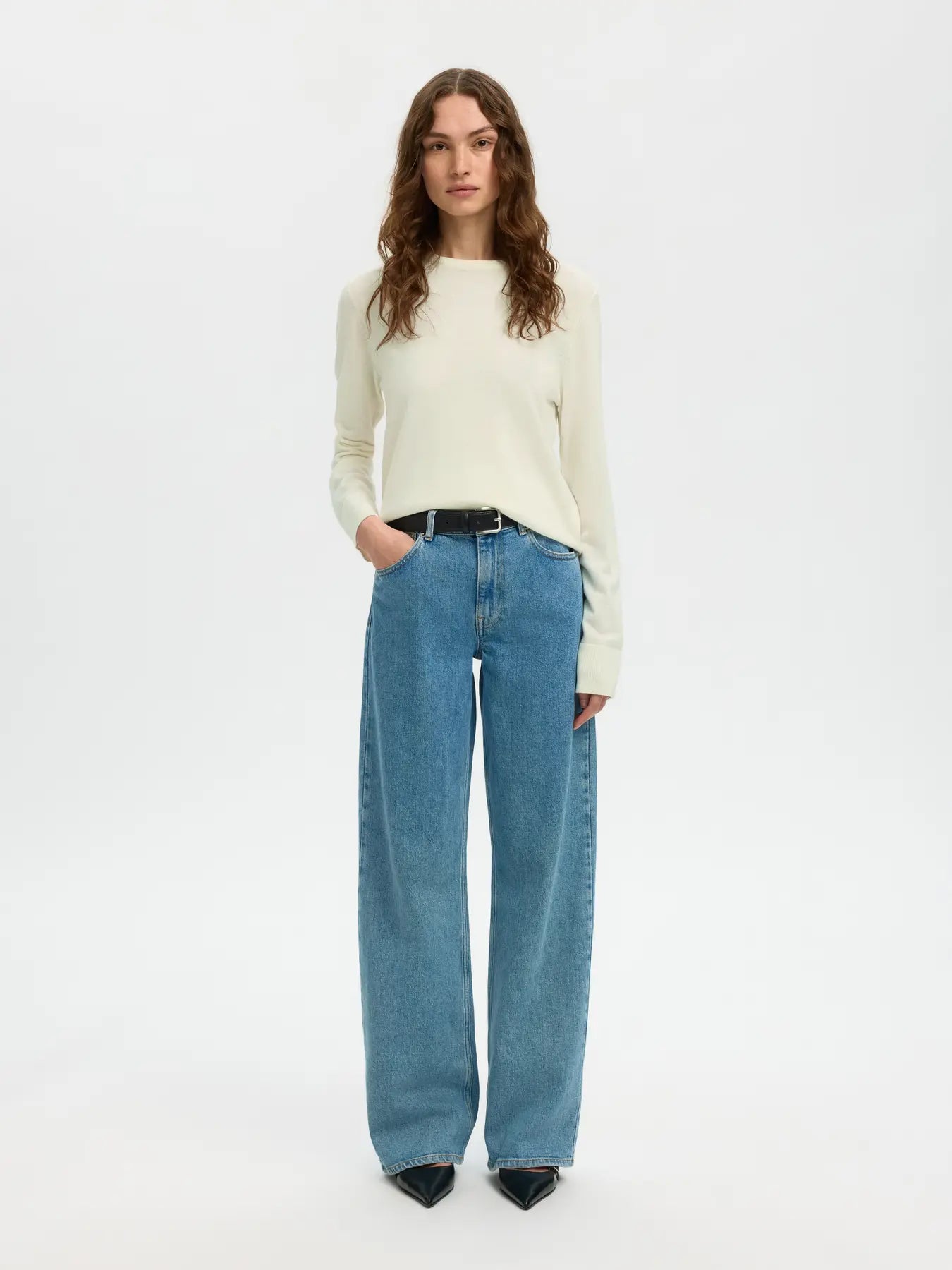 Selected Femme - Gensere - Thea Ls Knit Merino O-Neck - Egret - Villoid